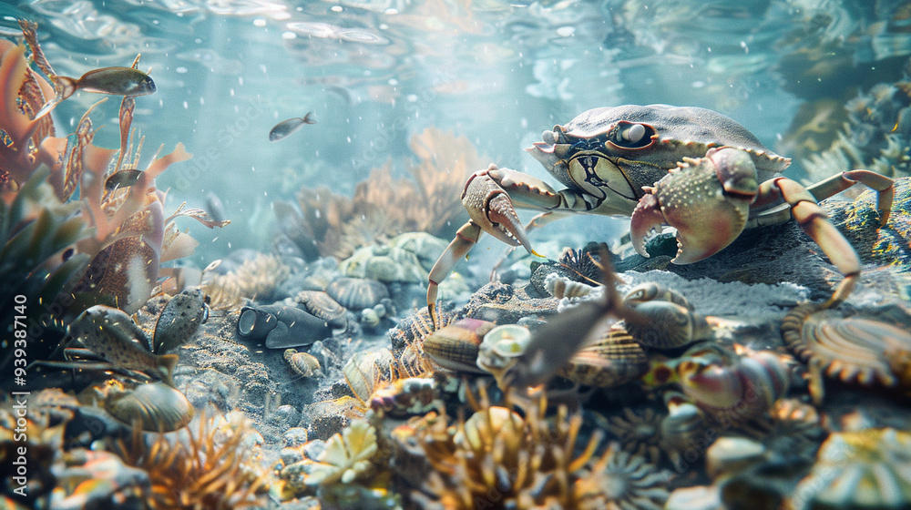 An underwater scene showing the effects of ocean acidification, with ...