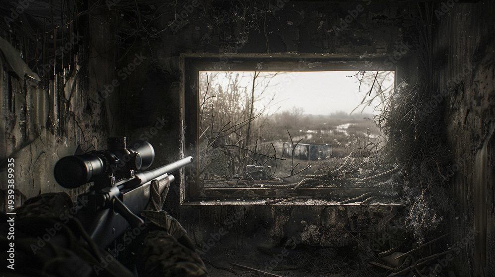 he interior of a war-damaged building where a sniper has set up a ...