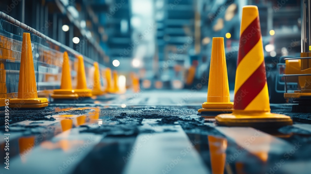 Urban construction site with traffic cones and barricades in focus ...