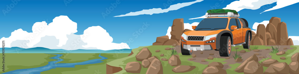 Landscape view with off road car. Cars parked on a high cliff. Large ...