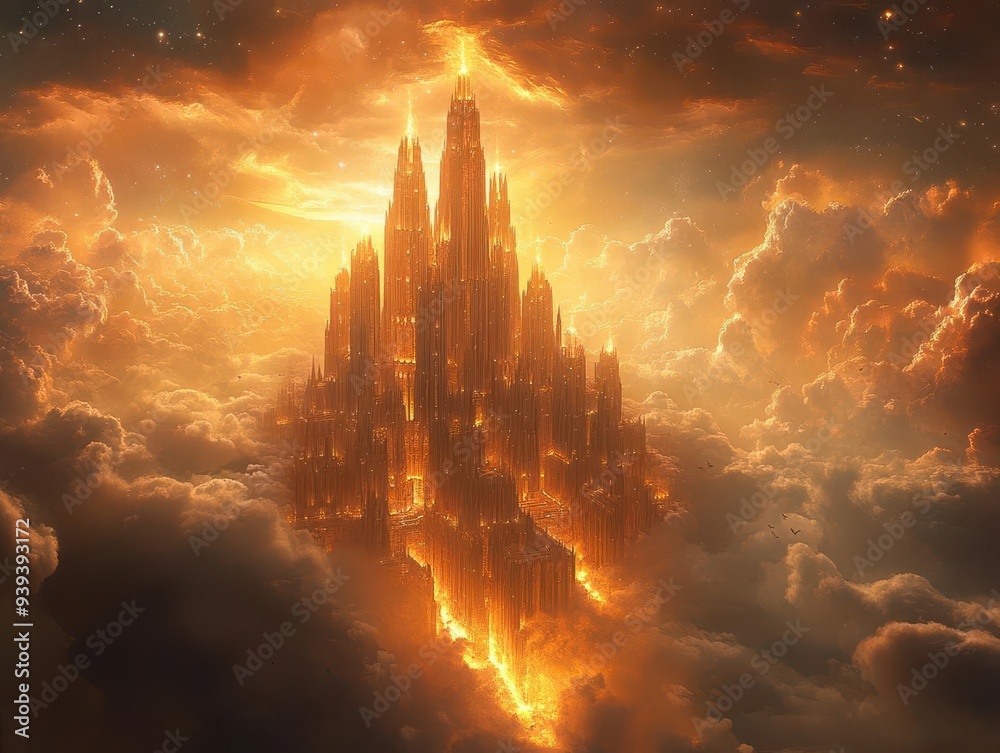 ethereal new jerusalem descending from clouds crystalline architecture ...