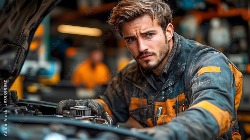mechanic working diligently on a car in a busy garage. The mechanic is ...