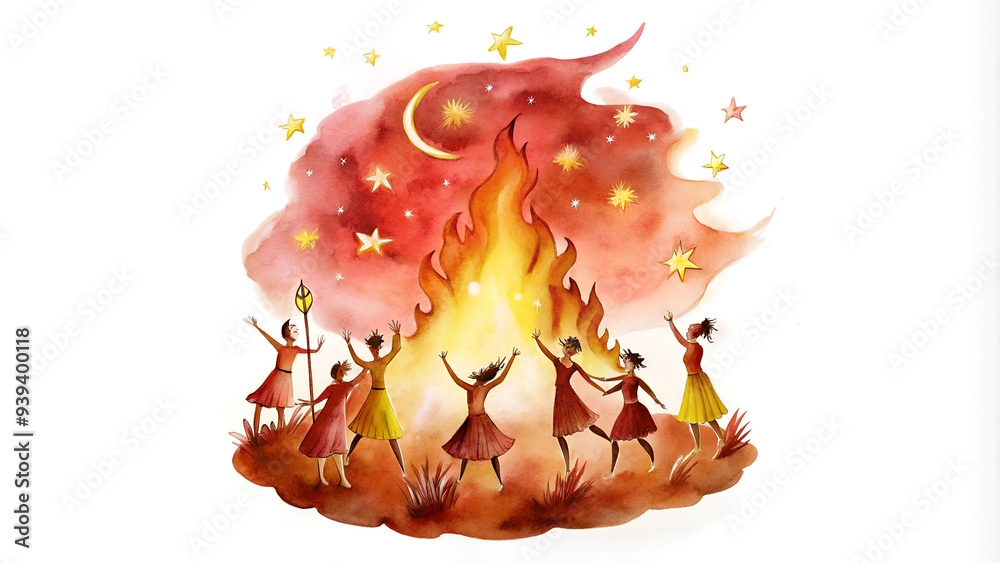 Hand-drawn watercolor of People Dancing Around a Campfire Celebrating ...