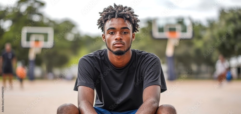 Young Man with a Serious Expression Sits on a Basketball Court Looking ...