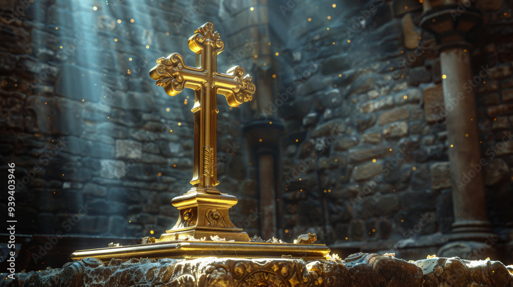 Poster A gold plated medieval style cross sitting upright on a ornate ...