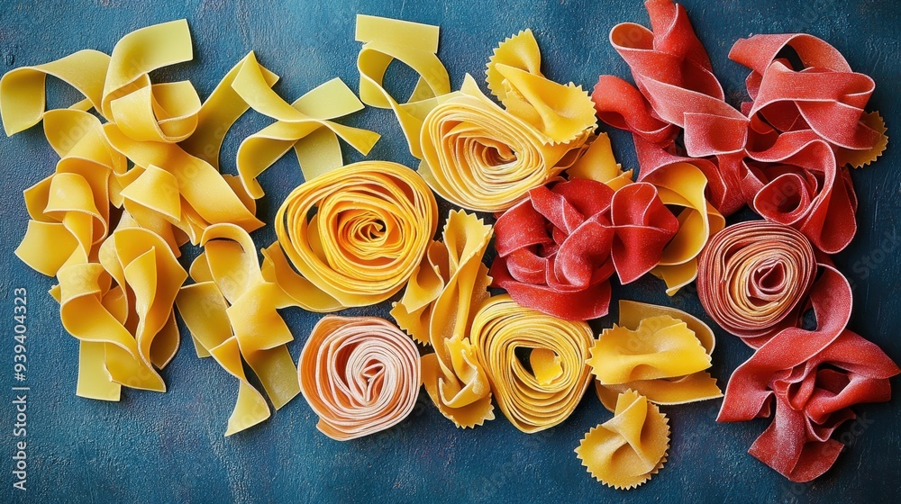 A colorful array of raw pasta shapes, ribbons of tagliatelle and rotini ...