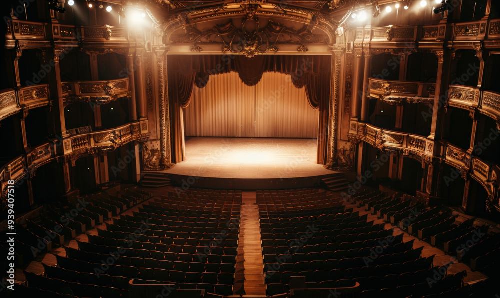 Frontal view of a classical theater with side parterres closely framing ...