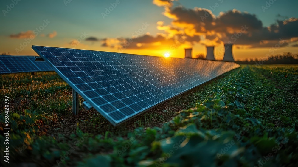 juxtaposition of solar farm and nuclear power plant sunlit panels in ...