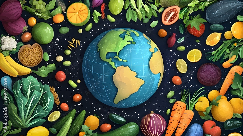 Vibrant Global Food Security with Fruits,Vegetables and Grains Stock ...