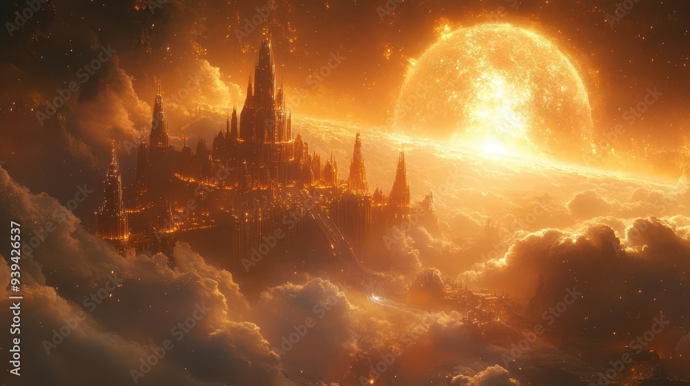 majestic celestial palace atop misty mount olympus gleaming golden ...