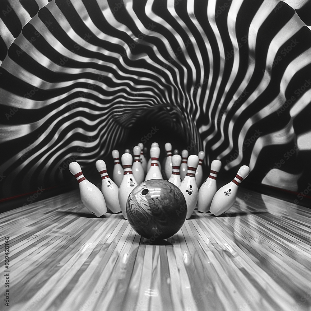 Artistic bowling alley scene with bowling ball and pins in black and ...