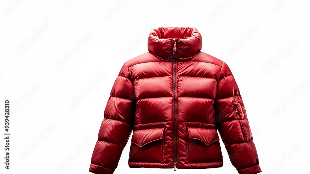 Ghost mannequin effect showing a red womens puffer down jacket without ...