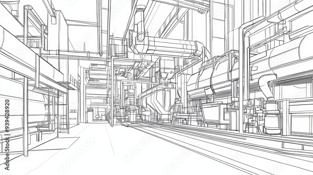 Graphic black and white sketch of a factory interior presented as a ...