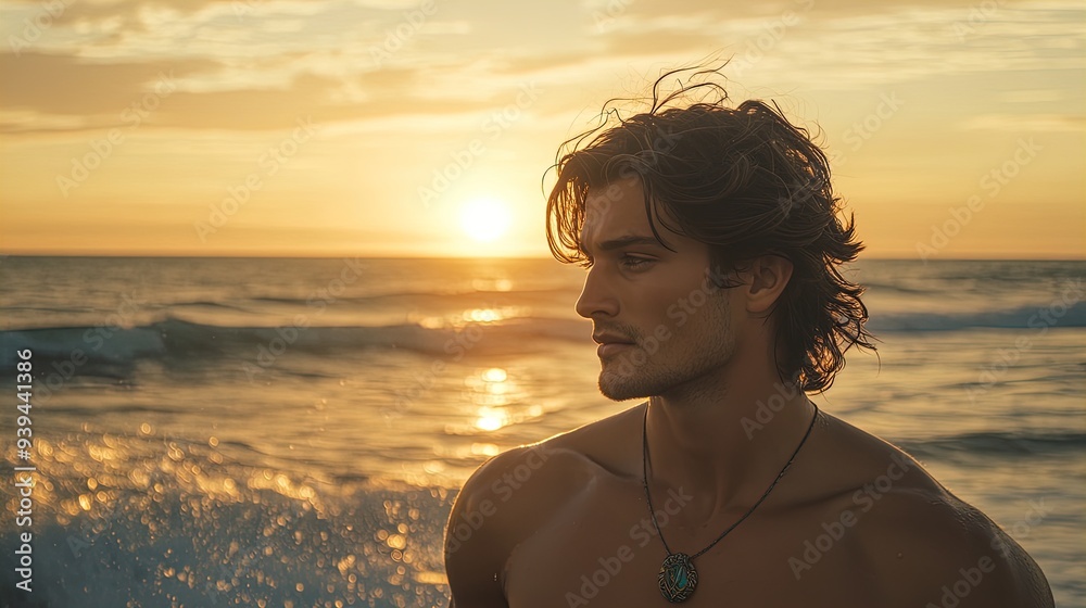 Sunset Serenity: Shirtless Male Figure on the Beach with Ocean Waves ...