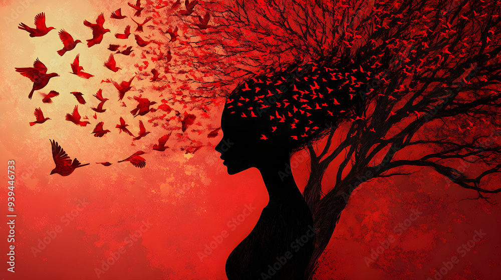 Tree of life woman silhouette with red birds red background image Stock ...