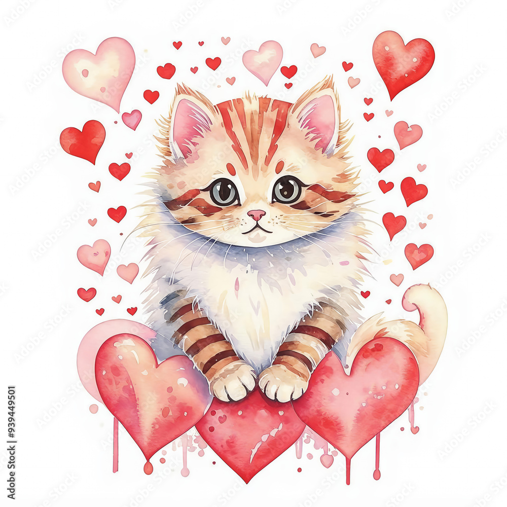 cute, fluffy, red cat and red hearts, love, Valentine's Day, February ...