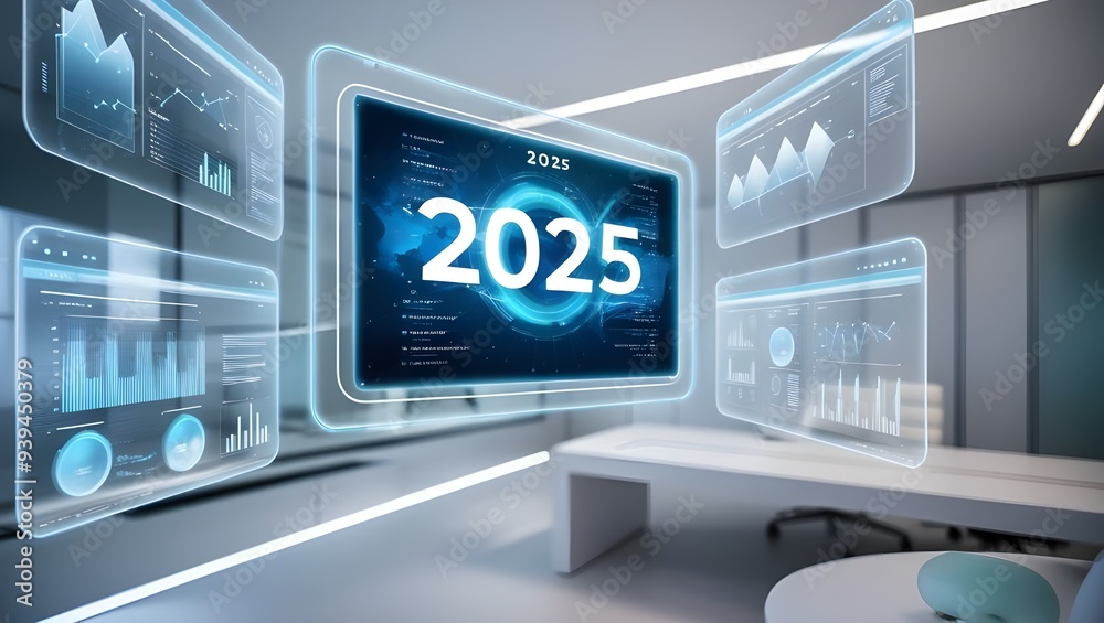 Holographic Interface, A holographic interface floating in mid-air, with translucent screens ...