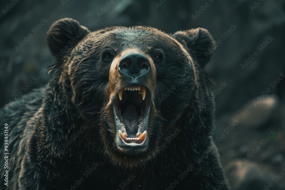 Grizzly Bear Teeth Large Brown Bear Showing Teeth Roaring In The Rain