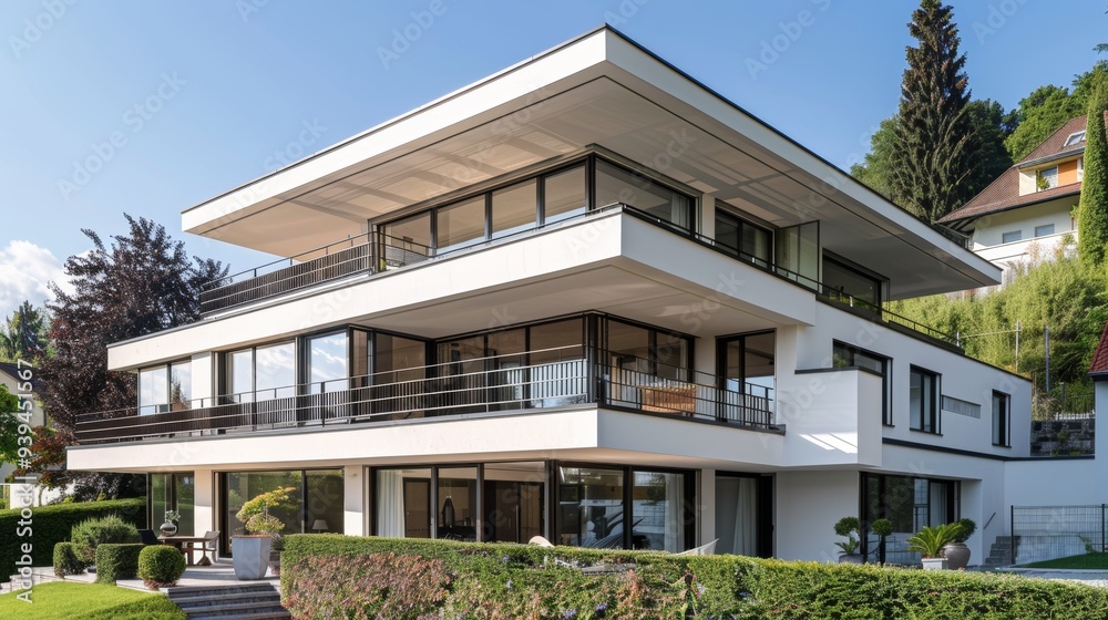 This modern, multi-storey residence features large glass windows and ...