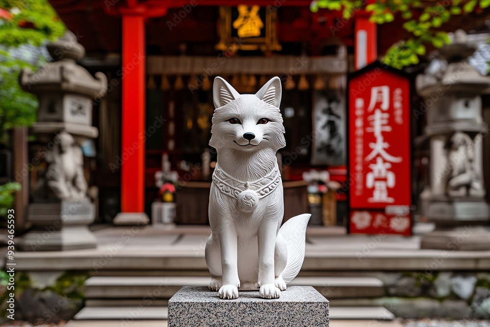 A nine-tailed fox depicted as a guardian spirit, standing protectively ...