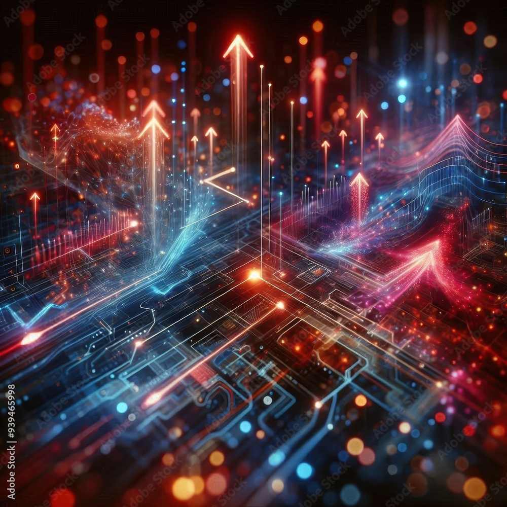 futuristic technology data visualization, glowing neon arrows and grids, abstract cyber circuit ...