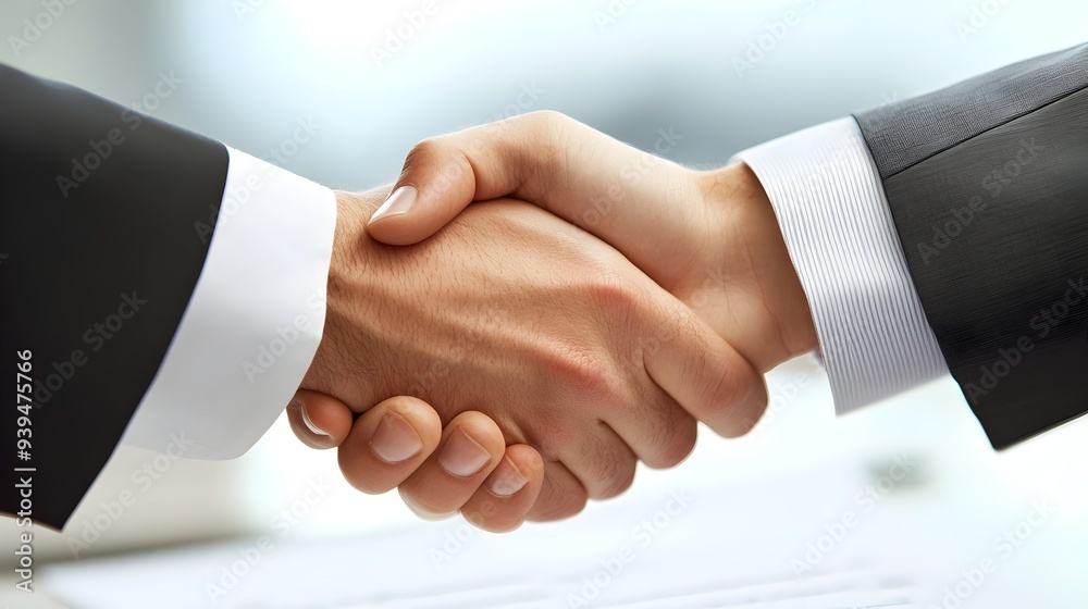 Formal business handshake over a contract with space for agreement or ...