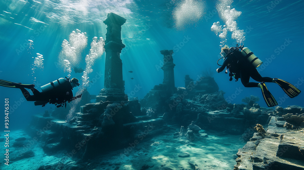 Divers exploring ancient sunken city ruins underwater, surrounded by blue sea, sunlight ...