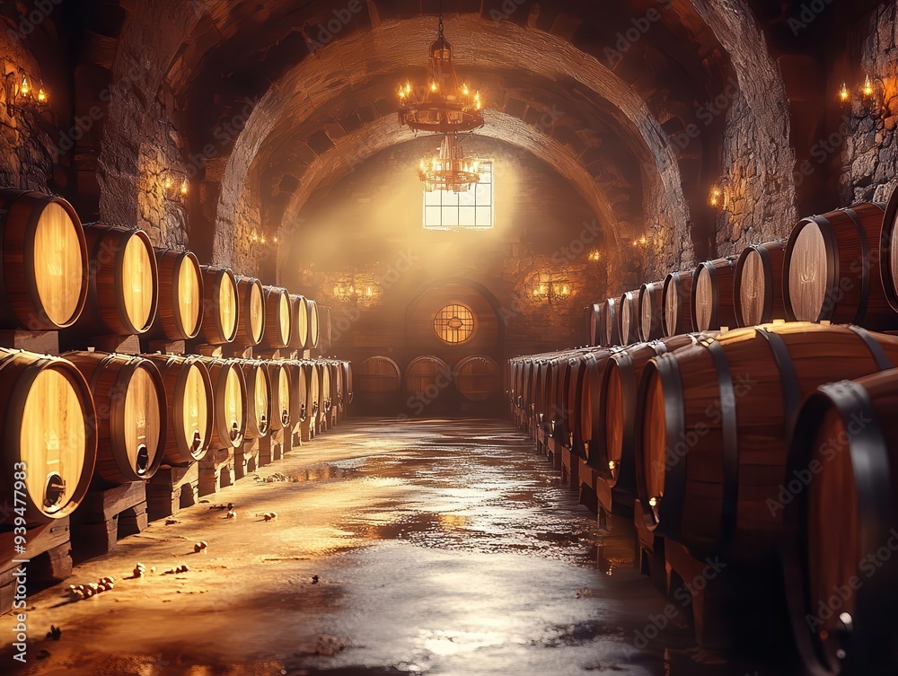 rustic wine cellar with rows of oak barrels warm ambient lighting ...