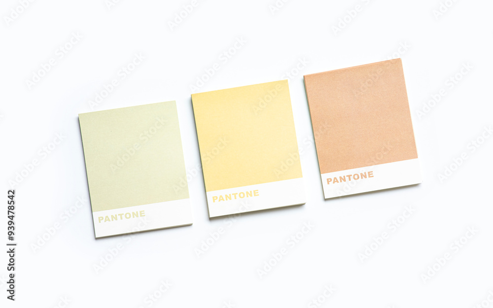 Minimalistic arrangement of Pantone color cards paper on a clean white ...