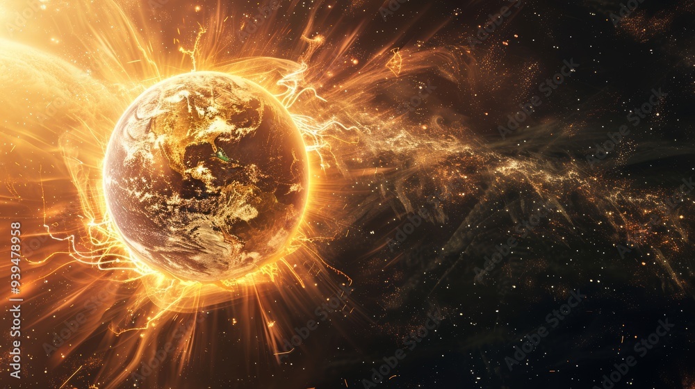 Visual representation of solar rays and radiation hitting earth ...