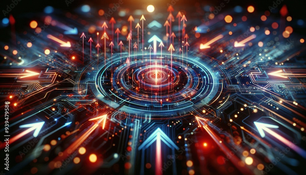 futuristic technology data visualization, glowing neon arrows and grids, abstract cyber circuit ...