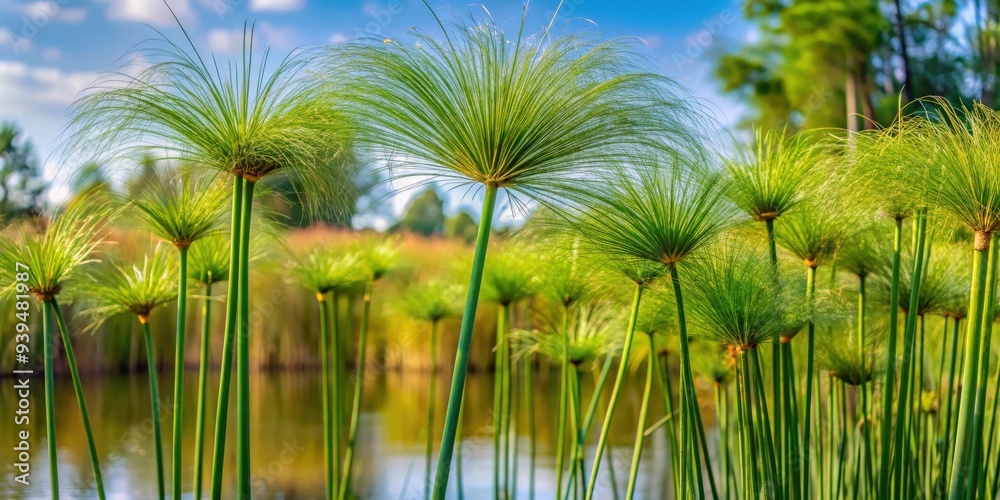 Tall and slender cyperus papyrus plant growing in a wetland habitat ...