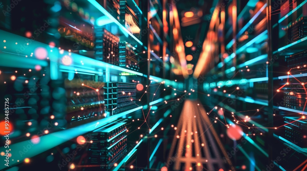 A modern data center bustling with activity, featuring rows of servers ...