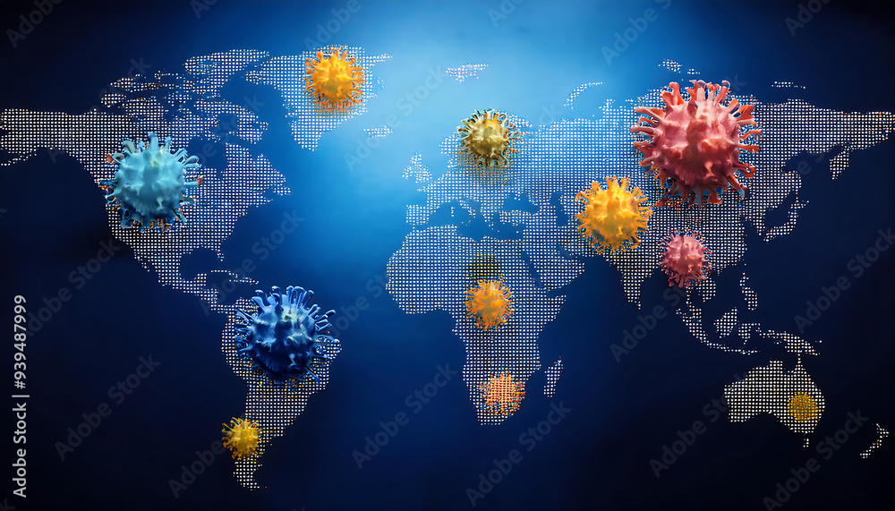 world map blurred borders colored shapes symbolizing viruses set dark ...