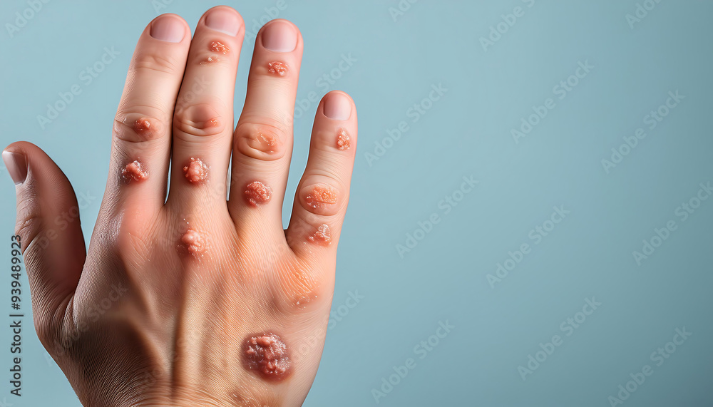 hand visible monkeypox skin lesions rash neutral backdrop providing ...