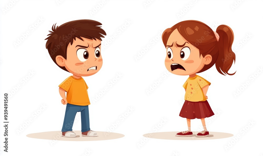 Little Boy and Girl Angry at Each Other Cartoon Illustration. Rival ...