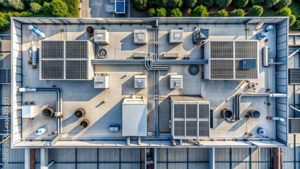 Aerial view of a building's roof with advanced air conditioning system ...