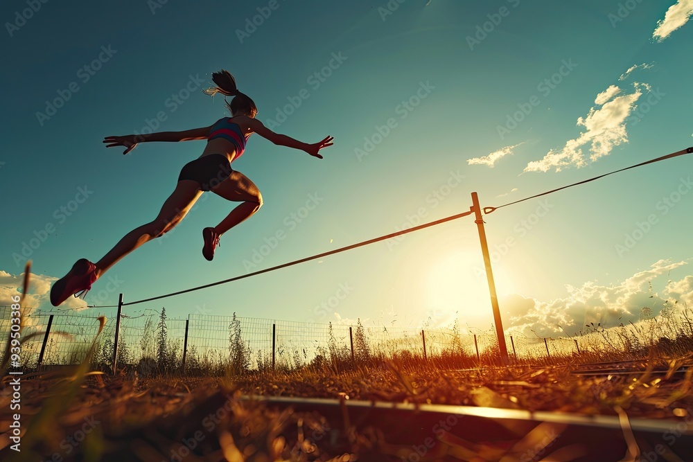 High jump, woman and fitness with exercise, sport and athlete in a ...