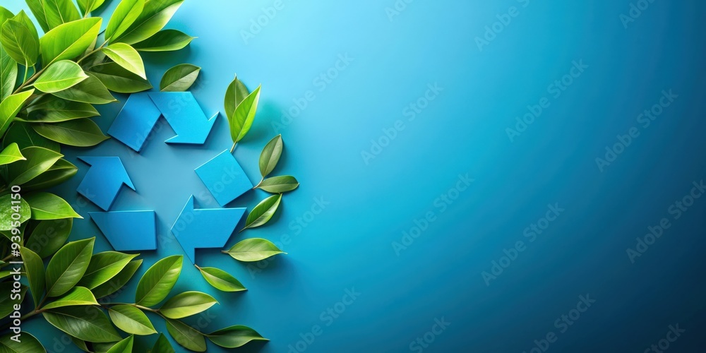 Blue background with green leaves and recycling symbol, perfect for ...