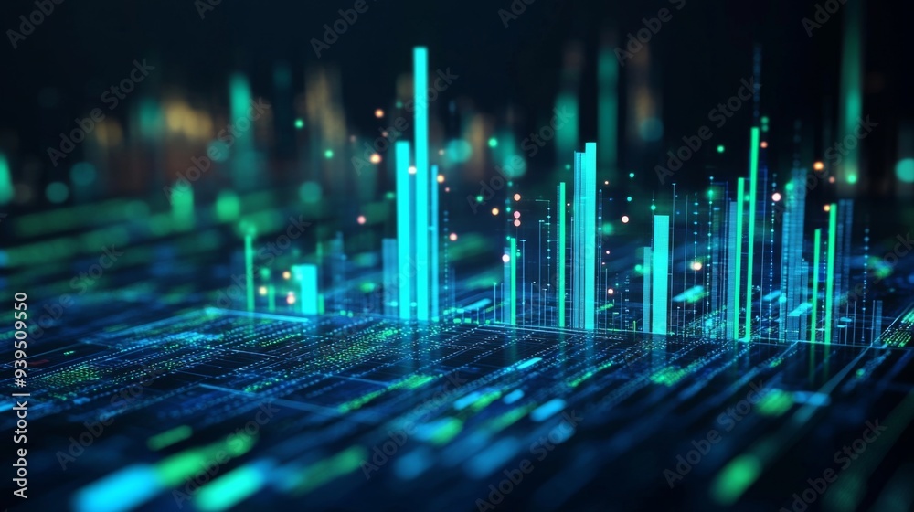 Vibrant 3D bar chart in blue and green, with a digital interface ...