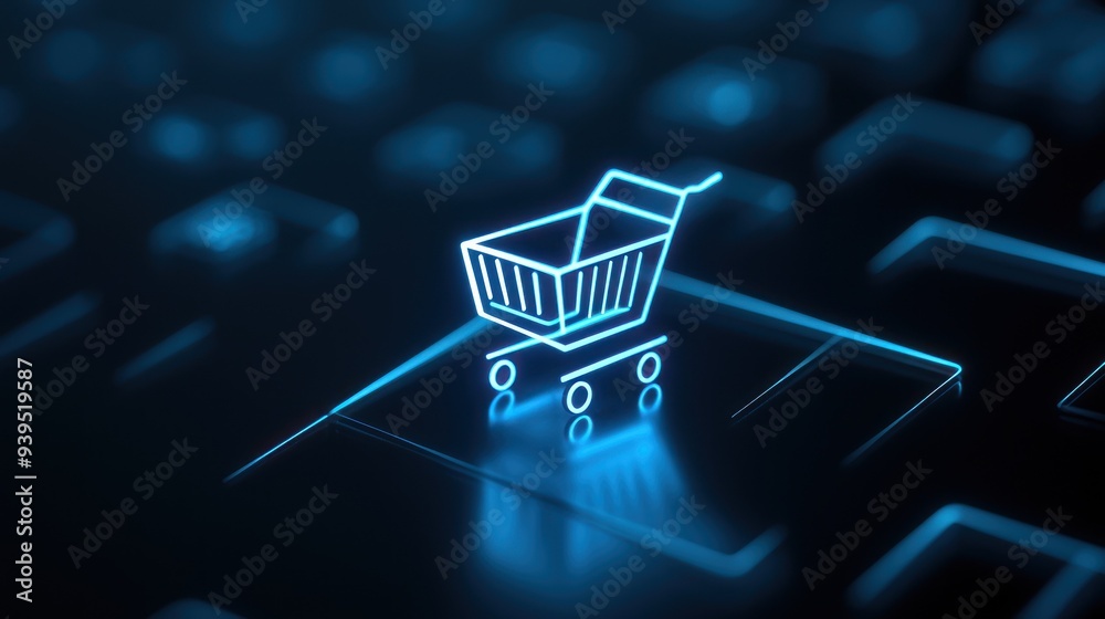 Digital shopping cart icon on a keyboard, symbolizing online shopping ...