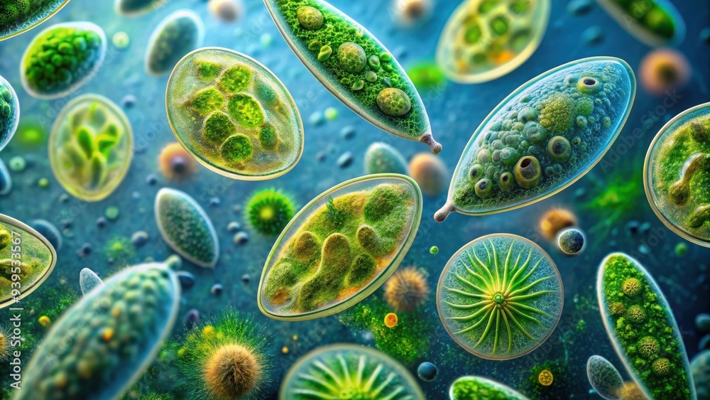 Microscopic view of Chlamydomonas algae, paramecium ciliates, and ...