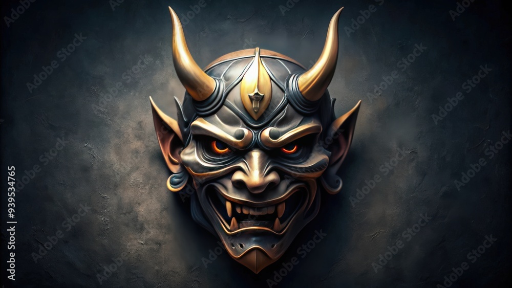 Dark and art Japanese oni mask with a scary half face for decoration ...