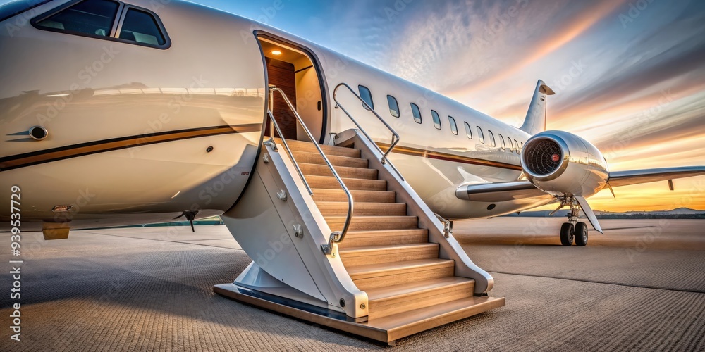 Stairs with jet engine attached to a private airplane Bombardier ...