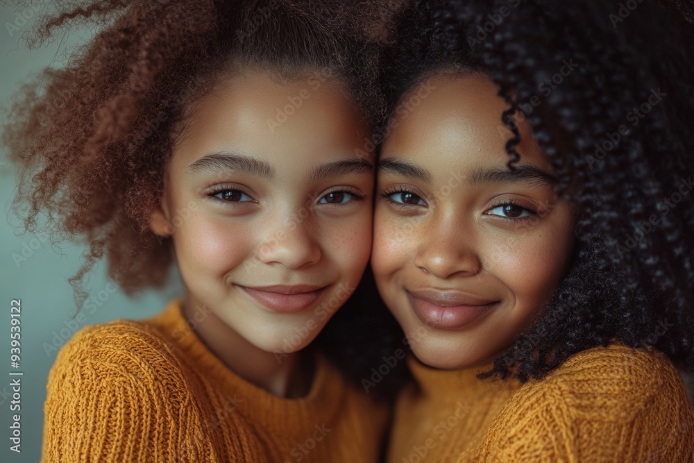 Younger and older sister spending time together at home. Two black ...