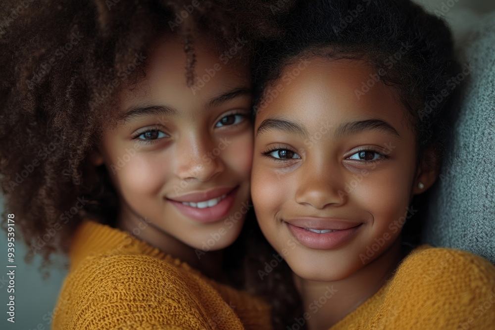 Younger and older sister spending time together at home. Two black ...