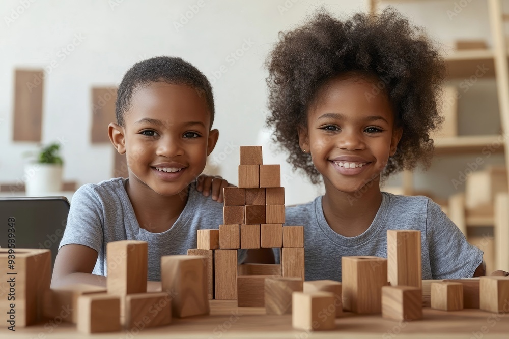 Happy african american brother and sister building constructor tower ...