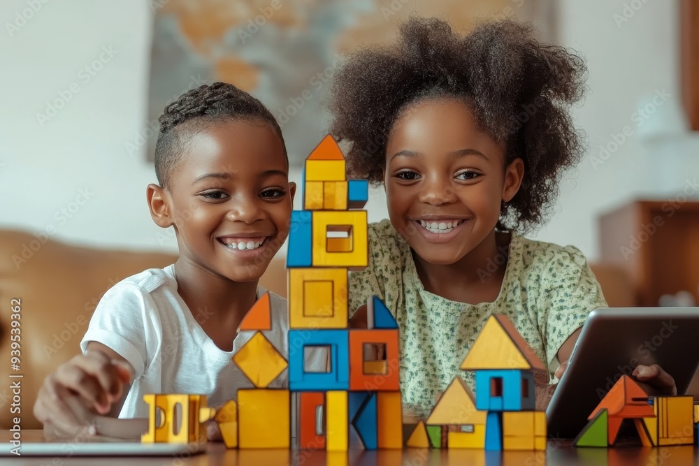 Happy african american brother and sister building constructor tower ...