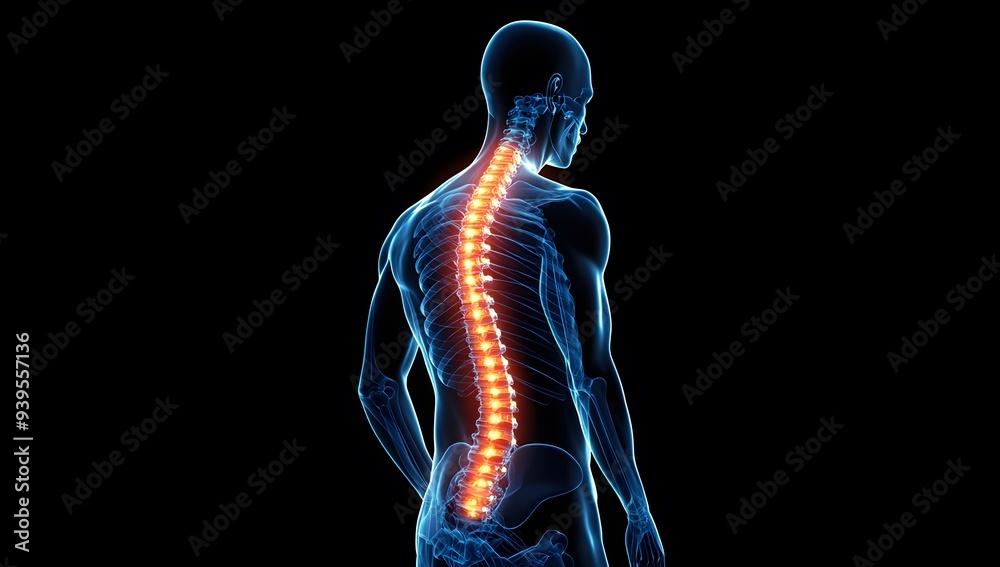 Detailed 3D rendering of a human spine and skeletal system ...