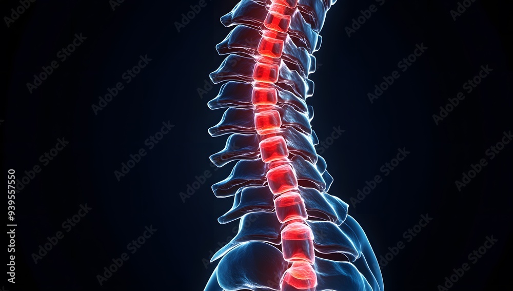 Detailed illustration of the human spine highlighting glowing red ...